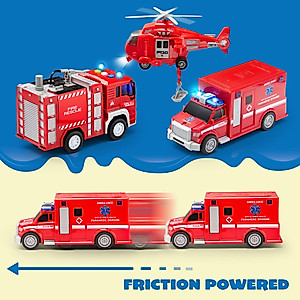JOYIN Toddler Fire Truck Toys for 3 4 5 6 7 Year Old Boys - Fire Engine, Emergency Vehicle, Kids Toys Firetruck, Friction Powered Car with Lights and Sounds, Birthday Gifts for Boys Girls Age 3-9