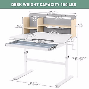 COSVALVE 39in Wide Adjustable Height Kids Desk with Tilting Desktop, Steel Frame, Drawer, and Bookshelf Hutch, Study Child Table for Ages 3-12, Grey