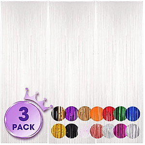 Voircoloria 3 Pack 3.3x8.2 Feet White Foil Fringe Backdrop Curtains, Tinsel Streamers Birthday Party Decorations, Fringe Backdrop for Graduation, Baby Shower, Gender Reveal, Disco Party