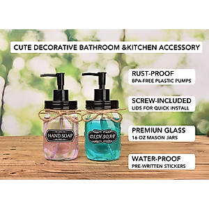 Elwiya Mason Jar Soap Dispenser - 16 Ounce Glass Mason Jar with Plastic Pump and Lid - Rust Proof - Rustic Bathroom Accessories &Kitchen Home Decor - 2 Pack
