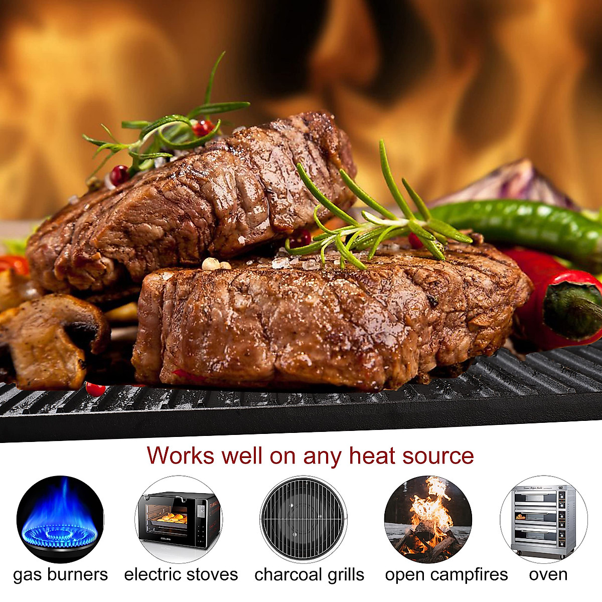 Max K 2-in-1 Cast Iron Grill & Griddle - Pre-Seasoned Reversible Grilling Plate - Oven, Campfire, Double Burner Stove Top Skillet - With Handles, Grease Reservoir - 20"x9" Inch