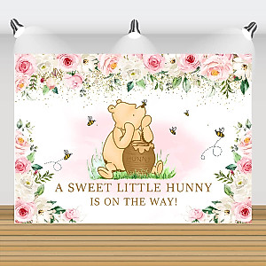 Classic Little Bear Baby Shower Backdrop Girls Pink Florals Cartoon Bees Birthday Photo Background Decorations Newborn Baby Shower Party Cake Table Supplies 5x3ft
