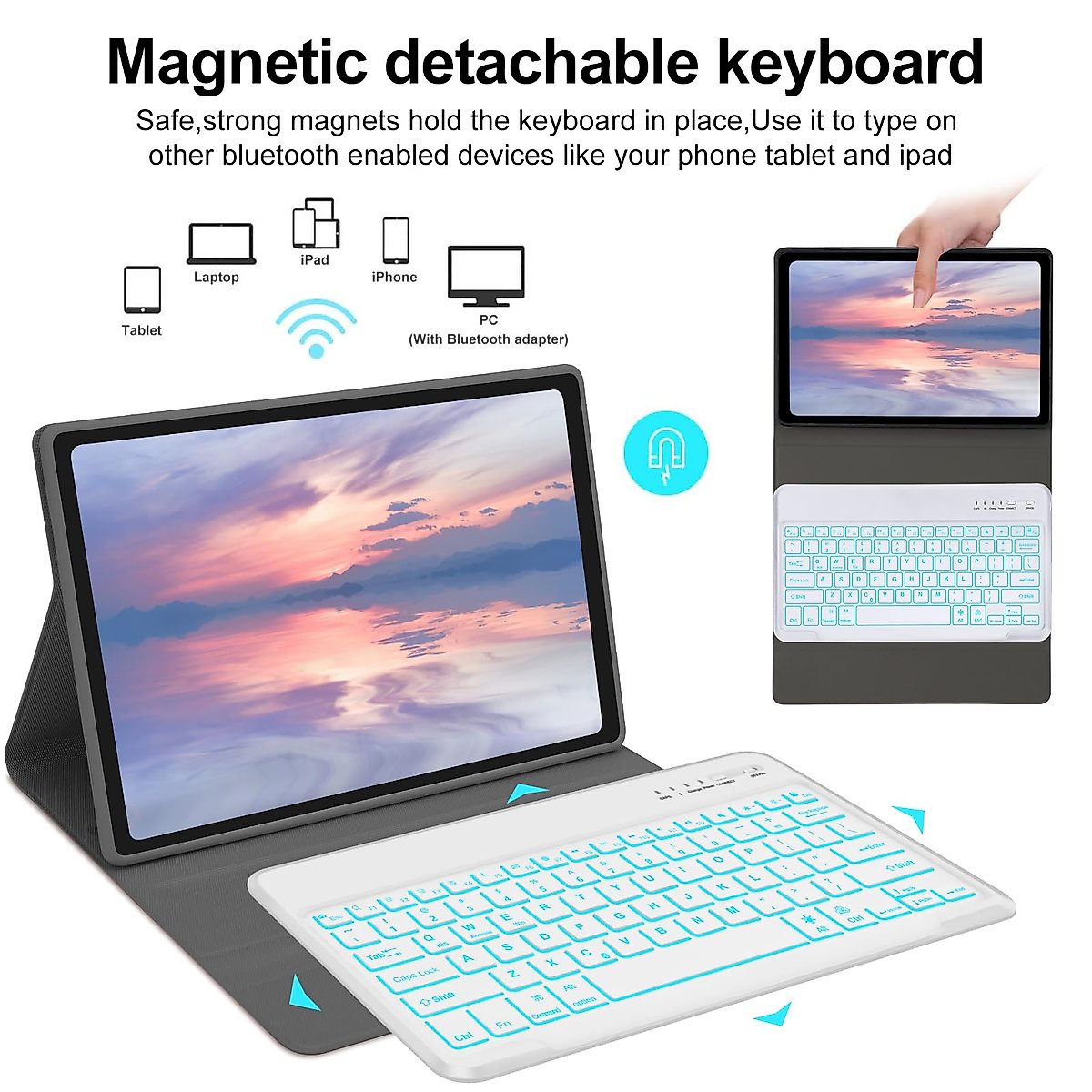 Samsung Galaxy Tab S7 FE/S8 Plus/S7 Plus Case with Keyboard 12.4 Inch - Smart Folio Case with S Pen Holder, 7 Colors Backlight Detachable Wireless Keyboard for Tab S7 FE 2021/S8+ 2022/S7+ 2020, Blue