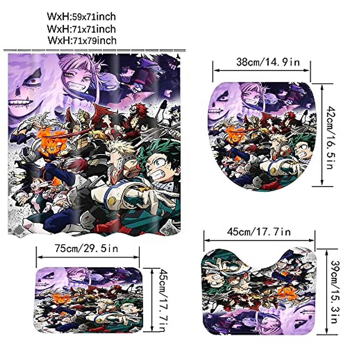 daweitianlong 4 Piece Anime Shower Curtain Set with Non-Slip Rug, Thickened Toilet Lid Cover and Bath Mat,Waterproof Anime Shower Curtain Sets for Bathroom With12 Hooks 59x71 inch, 19