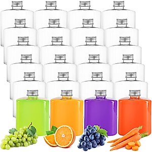 Elsjoy 24 Pack Plastic Juice Bottles, 8.5 Oz Clear Liquor Bottle Flat Slim Beverage Container with Aluminum Cap, Portable Water Flask for Drinks, Milk, Tea, Alcohol, Leak Proof