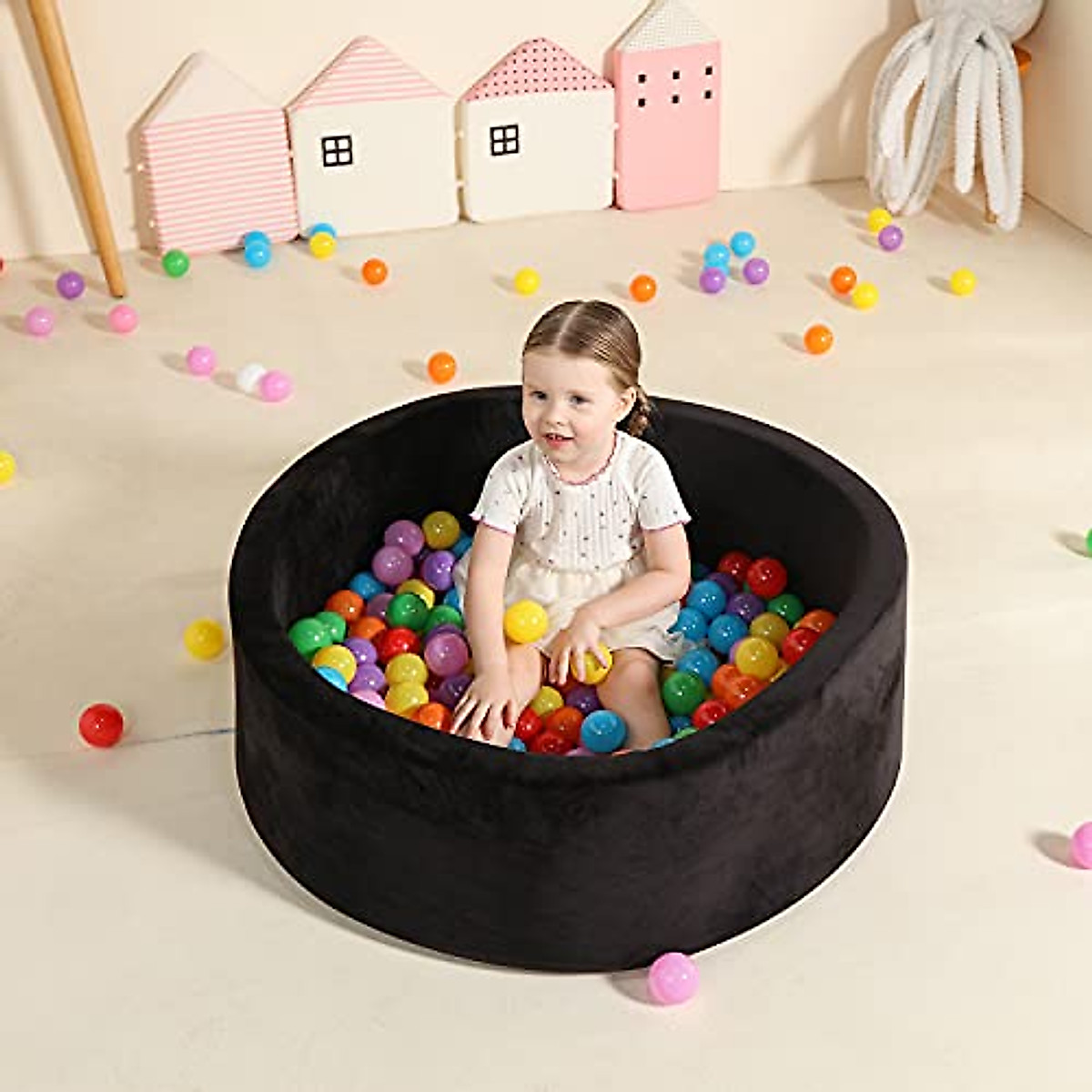 TRENDBOX Foam Ball Pit for Toddlers, 35 inch Soft Baby Ball Pit with Washable Velvet Cover (Balls not Included)-Black