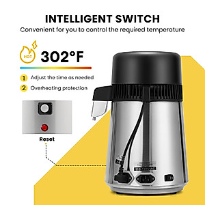 VIVOHOME Water Distiller Countertop 1.1 Gallon/4L Brushed 304 Stainless Steel Distilled Water Machine with an Extra Smart Switch Purifier Filter for Home Office