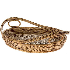 KOUBOO La Jolla Oval Rattan Tray with Looped Handles, Honey Brown, Small