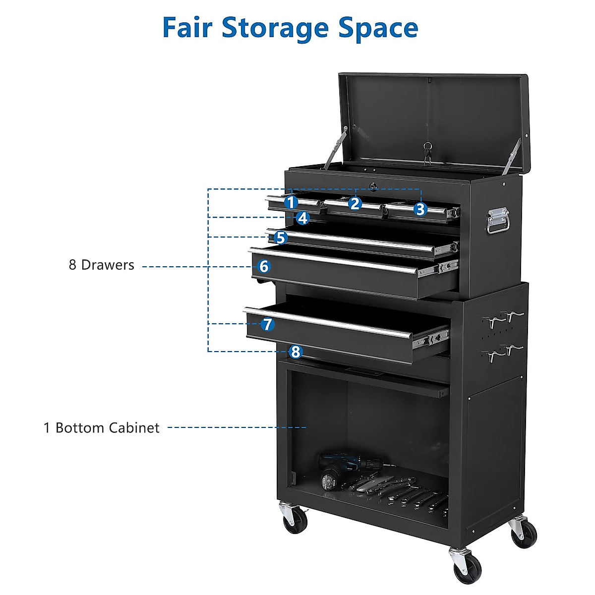 TUFFIOM 8-Drawer Rolling Tool Chest w/Lock & Key, Tool Storage Cabinet w/Wheels, Detachable Top, Drawers & Side Hooks, Mechanic Tool Organizer Box for Garage Warehouse Repair Shop, Black