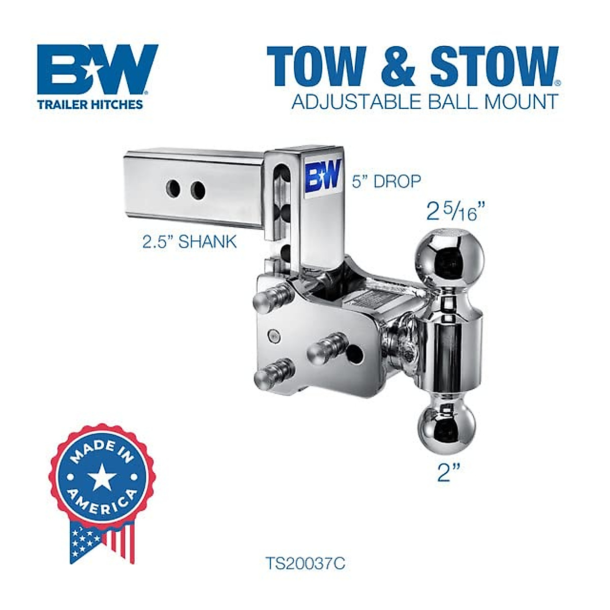 B&W Trailer Hitches Chrome Tow & Stow Adjustable Trailer Hitch Ball Mount - Fits 2.5" Receiver, Dual Ball (2" x 2-5/16"), 5" Drop, 14,500 GTW - TS20037C