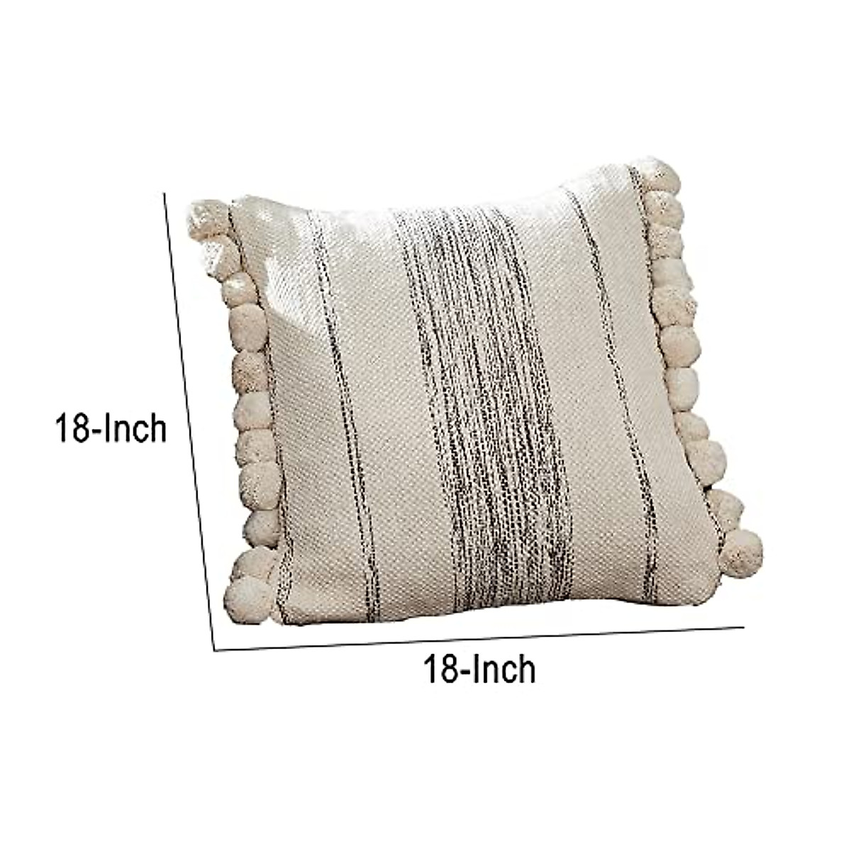 Benjara 18 Inch Decorative Throw Pillow Cover, Textured, Pom Pom Edges, Cream