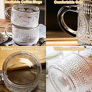 SZHTSWU Vintage Glass Coffee Mug, 14 Ounces Clear Embossed Glass Cup with Gold Rim, Breakfast Cups with Gold Spoon, Drinking Glasses with Handle for Latte, Milk, Cereal, Beverages (Sunflower)