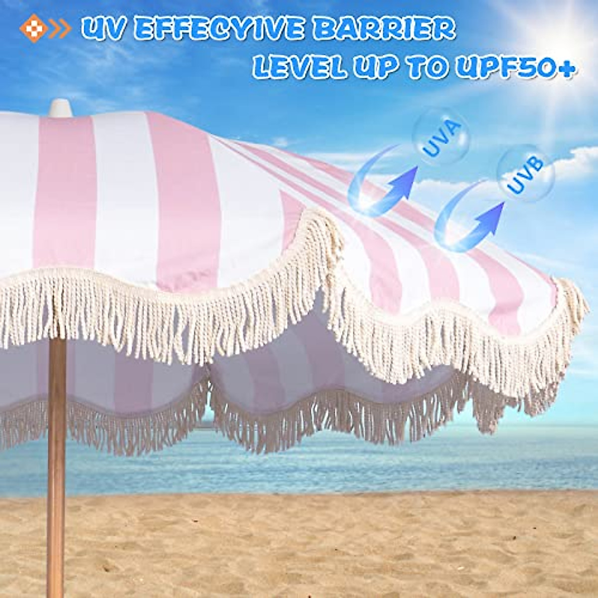 Funsite 6.5ft Boho Beach Umbrella with Fringe, UPF 50+ Tassel Umbrellas with Carry Bag, Premium Wood Pole Foldable Patio Umbrella for Outdoor Holiday Garden Lawn Pool Yard Table, Pink Stripe