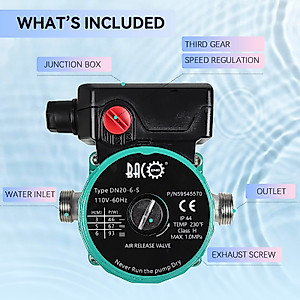 BACOENG Hot Water Recirculating Pump, Water Circulator Pump, 3/4" NPT 110V Automatic Circulating Pump Stainless Steel Head For Solar Heater (US Plug)