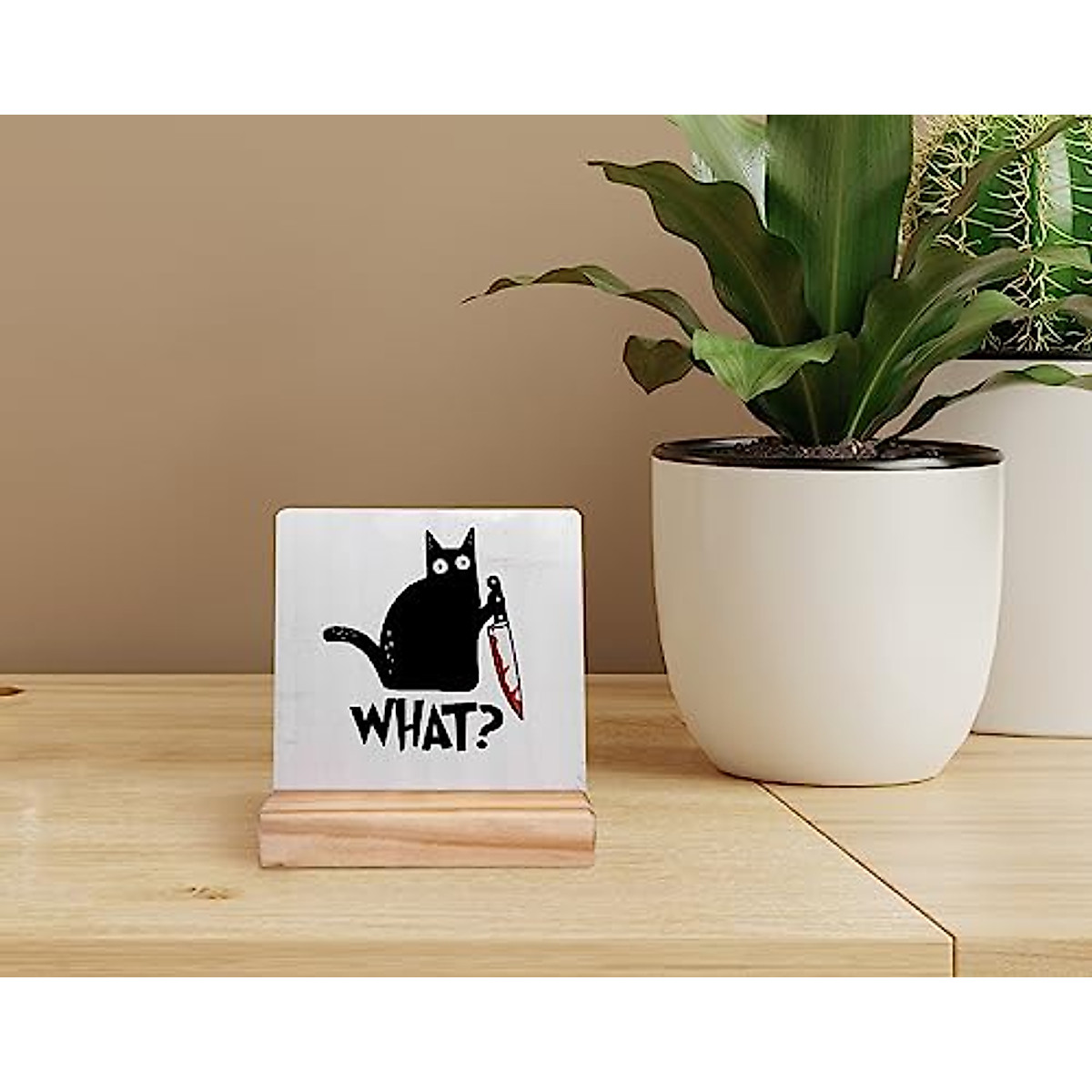 What Black Cat with Knife Wood Plaque with Wooden Stand,Halloween Black Cat Wooden Plaque Sign Desk Decor for Home Living Room Table Shelf Decorations