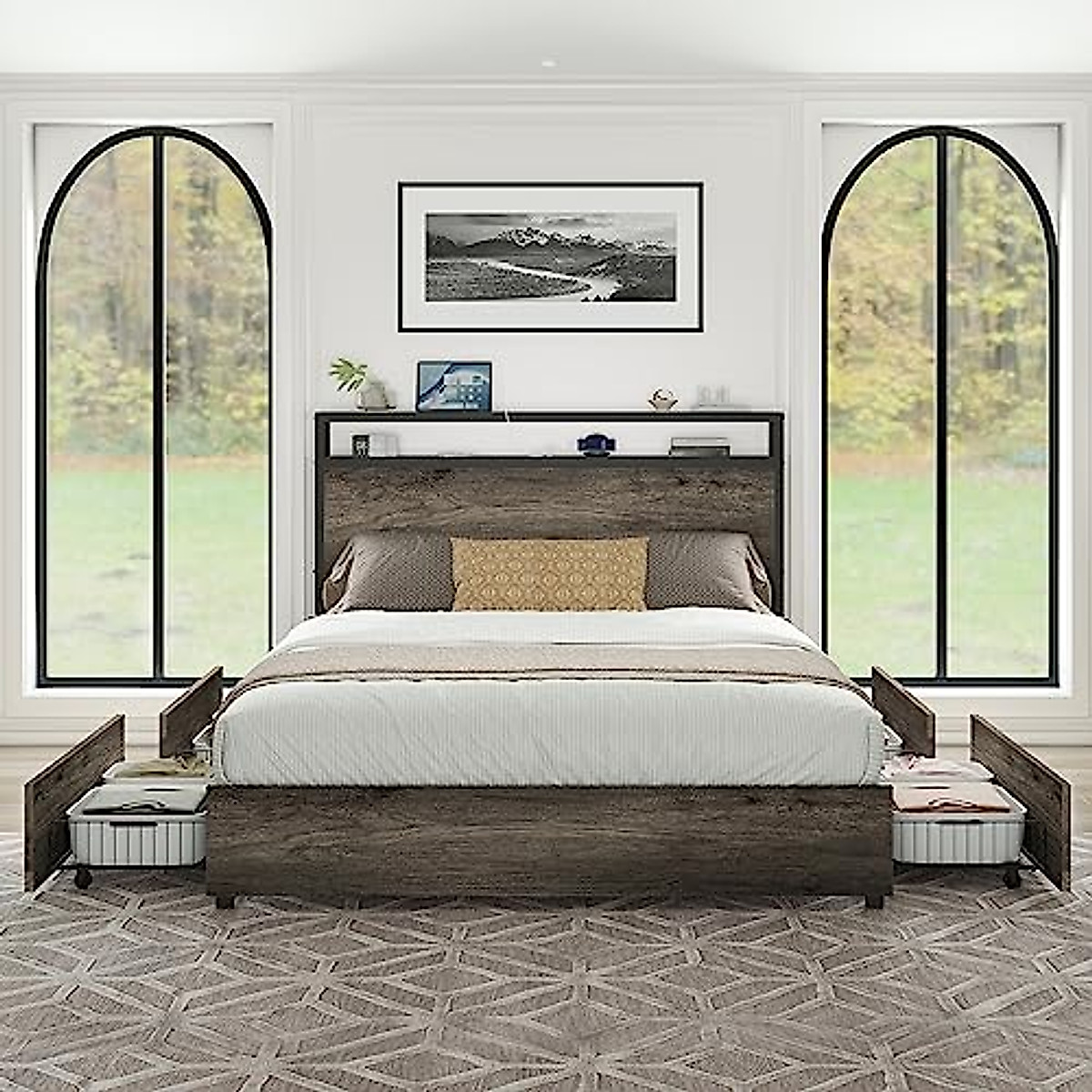 AMERLIFE Queen Size Storage Bed Frame, Wooden Platform Bed with Charging Station, 4 Drawers & Headboard/No Box Spring Needed/Noise-Free/Rustic Grey