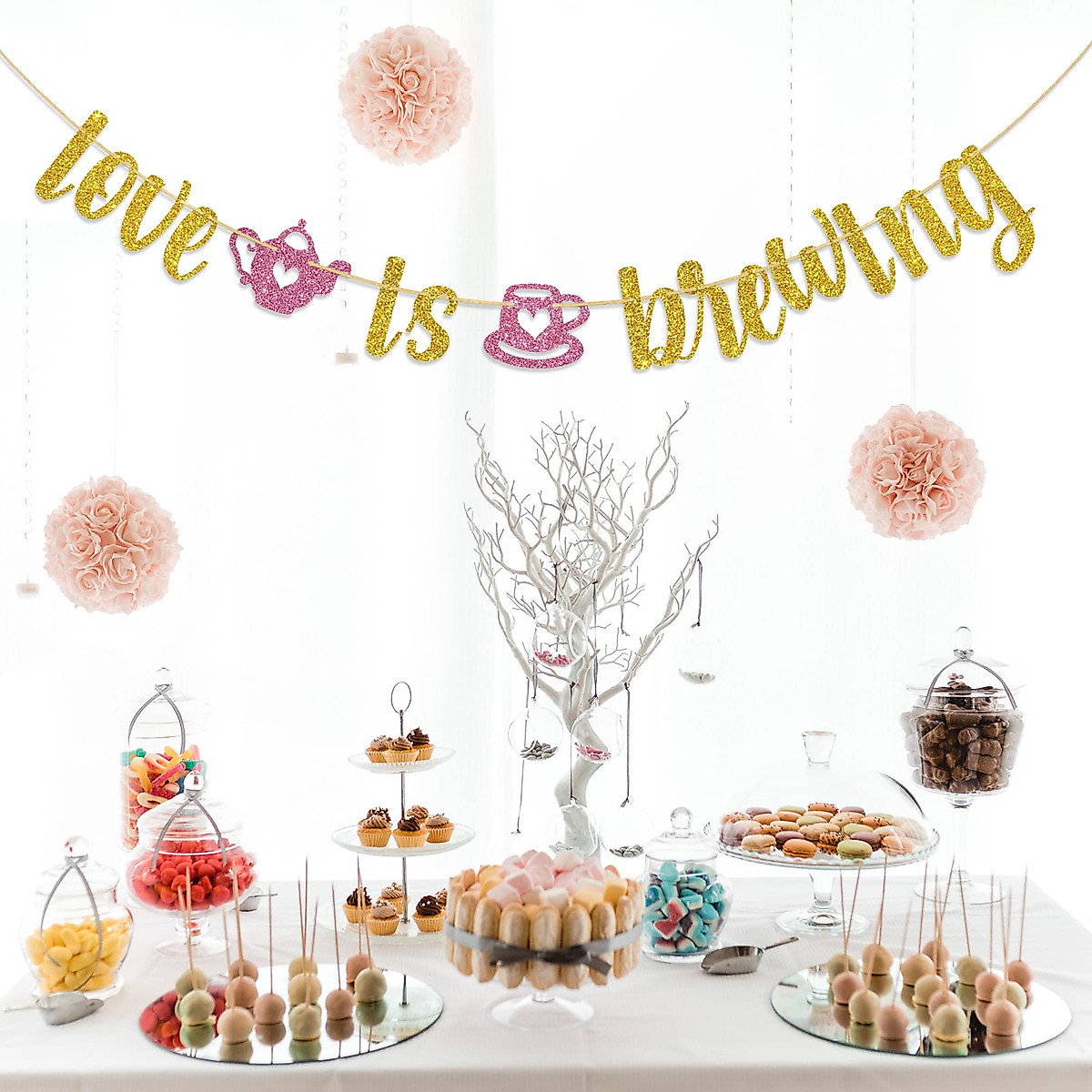 Dalaber Love is Brewing Banner for Wedding/Engagement/Bridal Shower/Bachelorette Tea Coffee Bar Decoration, Table Bunting Banner Sign Party Decorations