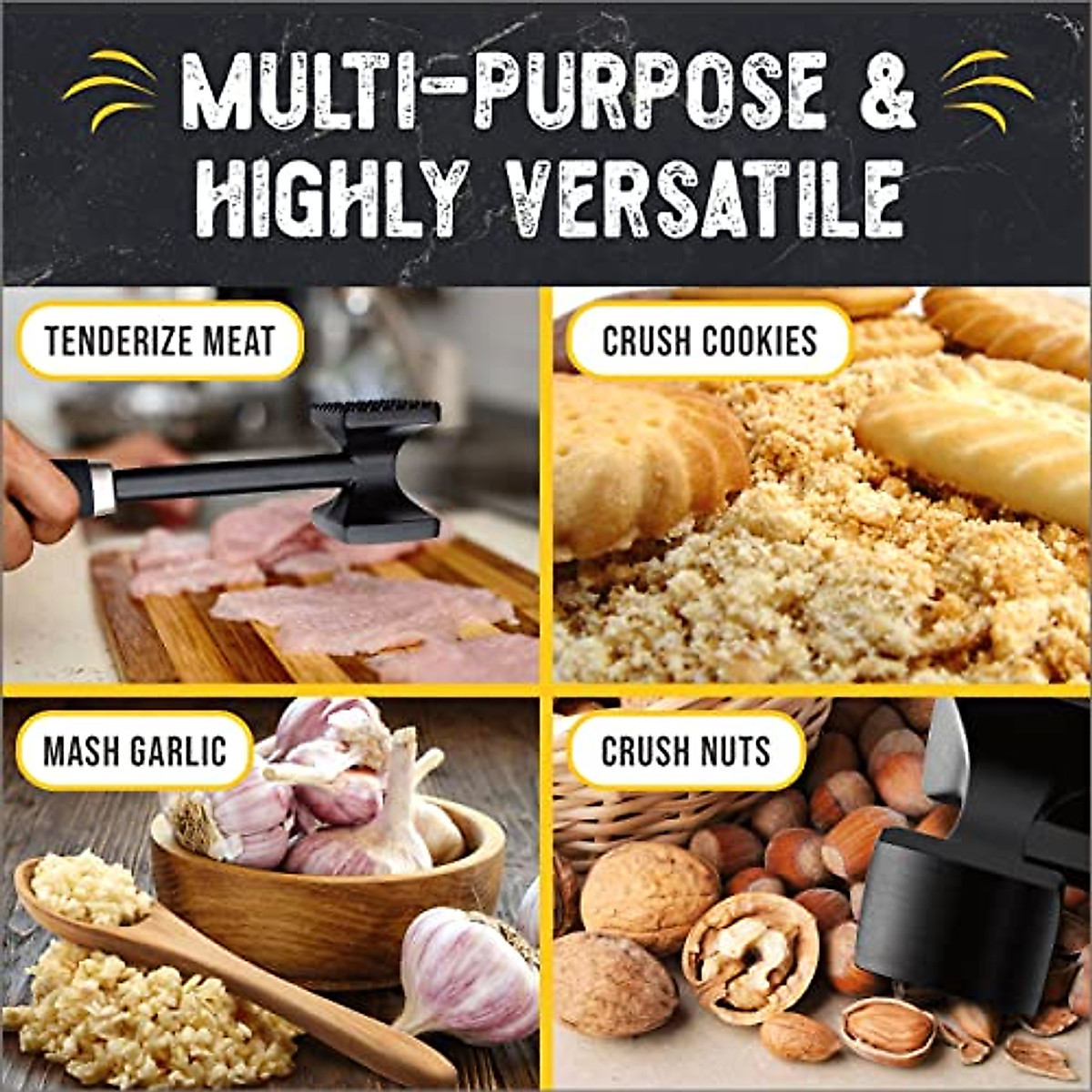 ﻿﻿Checkered Chef Meat Tenderizer Hammer - Dishwasher Safe Metal Kitchen Mallet for Tenderizing Chicken, Beef, Pork & Nuts with Non-Slip Grip