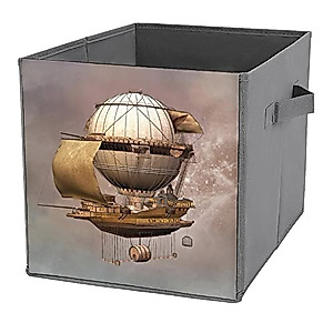 Vintage Steampunk Airship Collapsible Storage Bins Basics Folding Fabric Storage Cubes Organizer Boxes with Handles