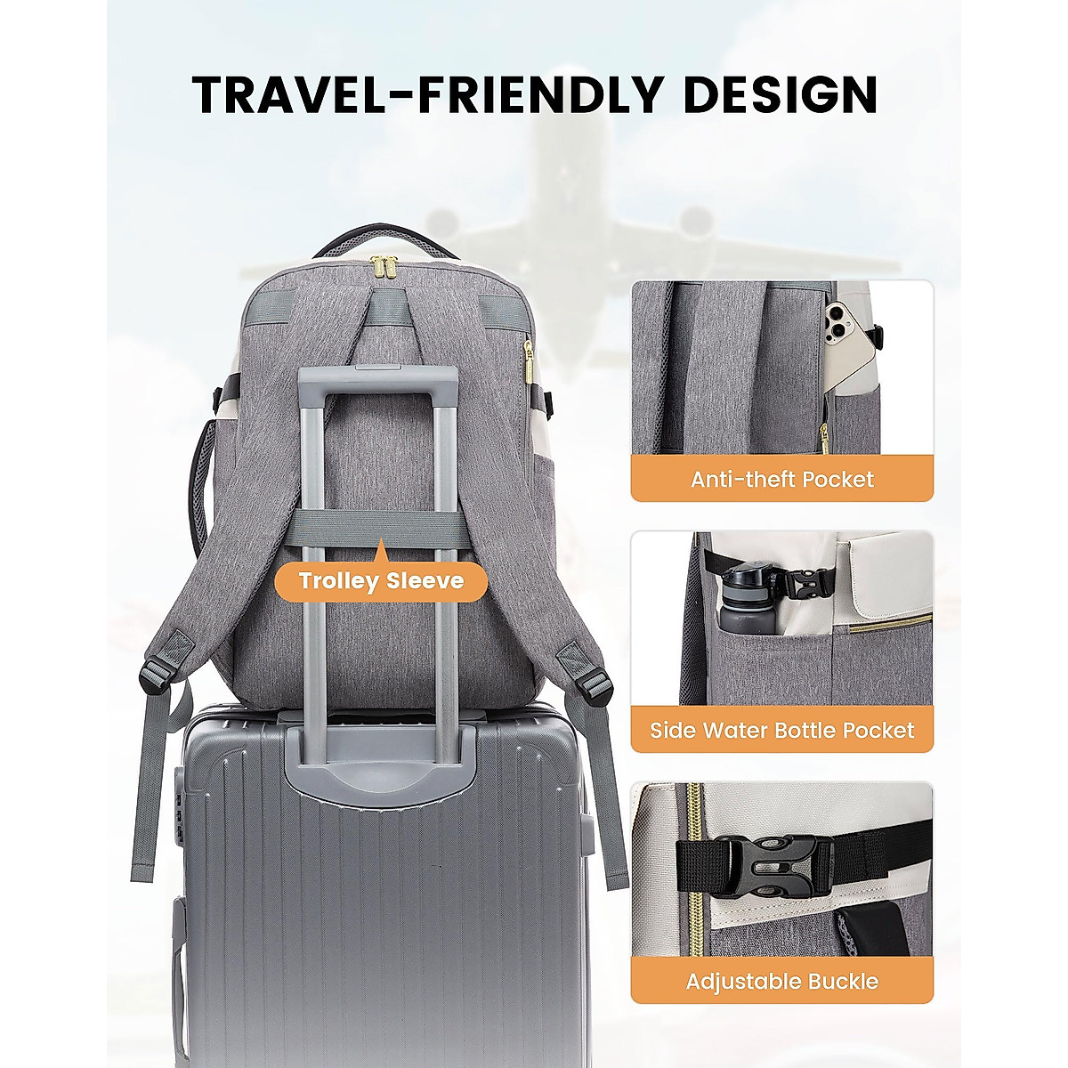 LOVEVOOK Travel Backpack for Women, TSA Carry On Backpack Flight Approved Luggage, 40L Water Resistant Personal Item Daypack Large Weekender Bag fit 17 inch Laptop with 3 Cubes, Beige Grey