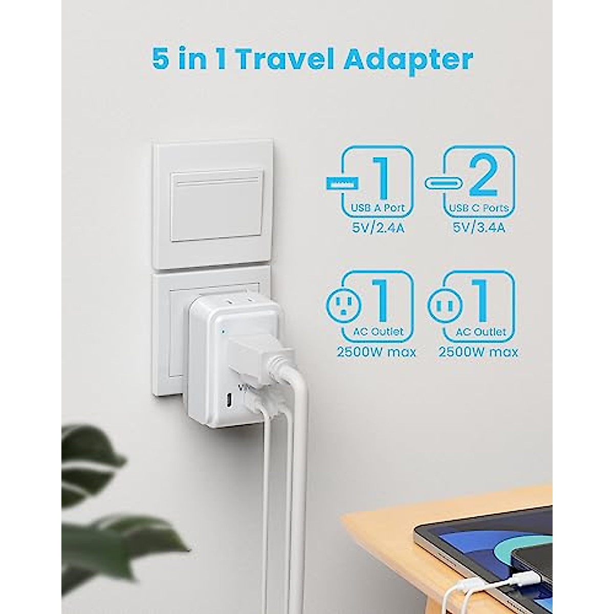 Universal Travel Adapter Kit, VINTAR International Plug Adapter with 3 USB Ports(2 USB C, 3.4A) & 2 American Outlets, Type A,C,G,D,I,M Swap&Adapt Attachments, Adapter for US/EU/UK/India/AUS/Africa