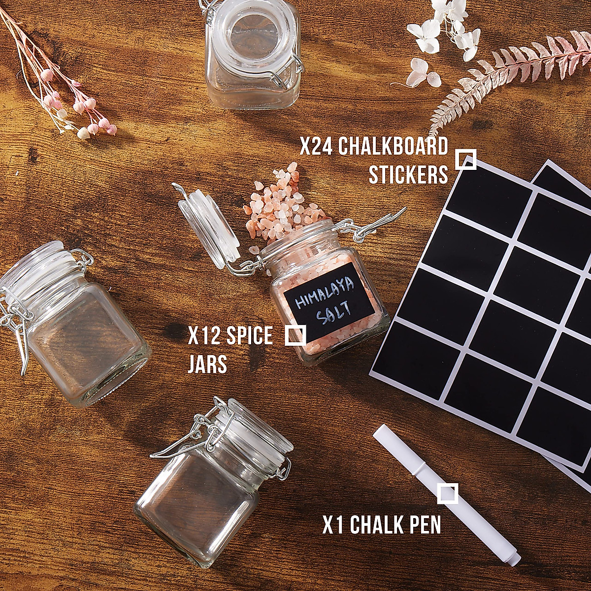 Oak & Steel 12 Pack 3.4oz Small Airtight Glass Spice Jars with Lids & Clip Top, 24 Labels & Chalk Pen - Square Bottles, Herb Jars, Mason Jars, Seasoning Containers