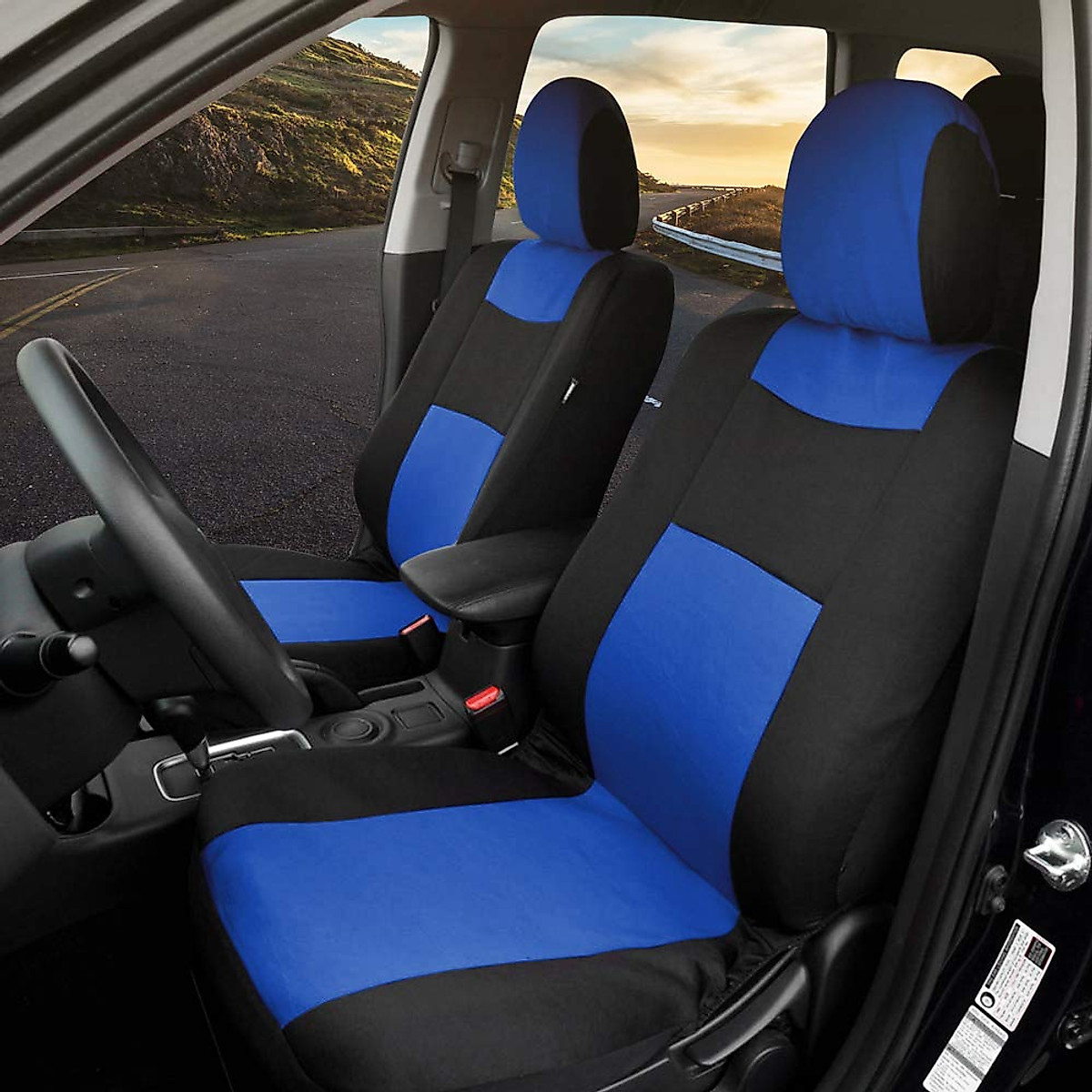 BDK PolyPro Blue Car Seat Covers Full Set with 4-Piece Car Floor Mats - Two-Tone Seat Covers for Cars with Carpet, Interior Covers for Auto Truck Van SUV