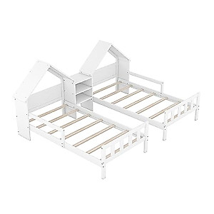 SOFTSEA Twin and Twin Bed Frame with House-Shaped Headboard and Built-in Nightstand 2 Beds in One for Juniors Kids