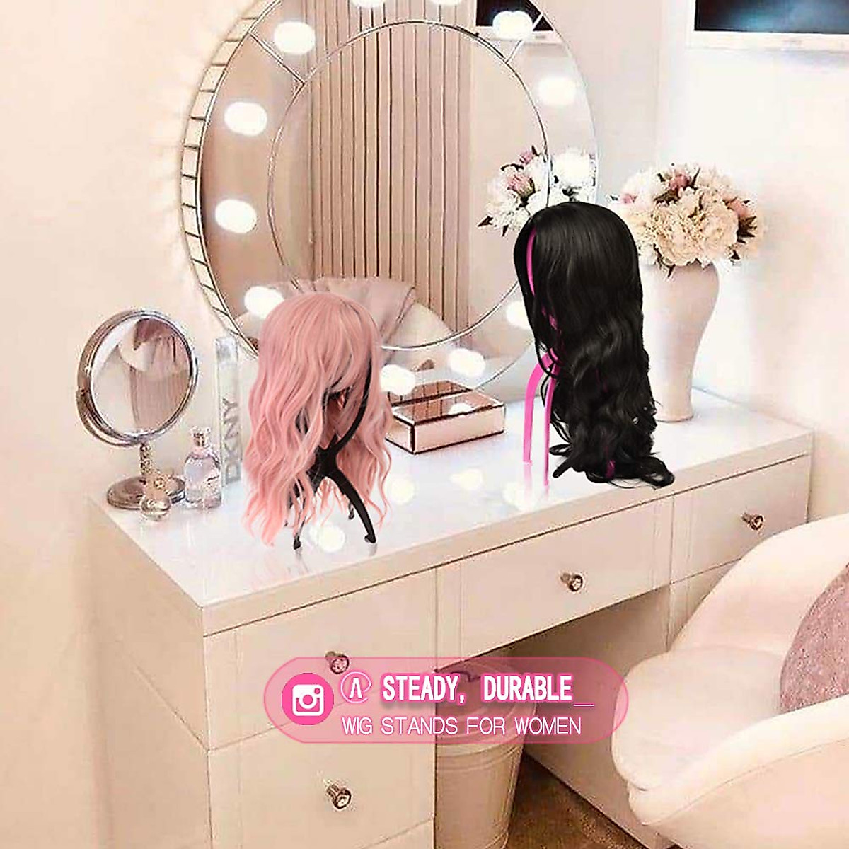 4 Pack Wig Stand Holder, Premium 14.2" Black Portable Collapsible Wig Holder for Multiple Wigs, Durable Wig Stands for Women