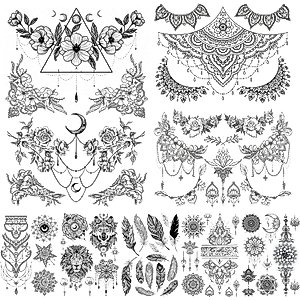 glaryyears 8 Sheets Mandara Chests Tattoos for Women, Black Flower Leaf Lion Wolf Dreamcatcher Designs Underboob Temporary Tattoo Stickers on Chest Waist Waterproof Body Art Large Size