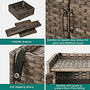 YITAHOME Outdoor Storage Cabinet, Weather-proof Rattan Bar Table with Two Doors, Adjustable Shelves & Foldable Drawer, Wicker Patio Storage Box for Outdoor Cushions, Pool Toys and Garden Tools - Brown