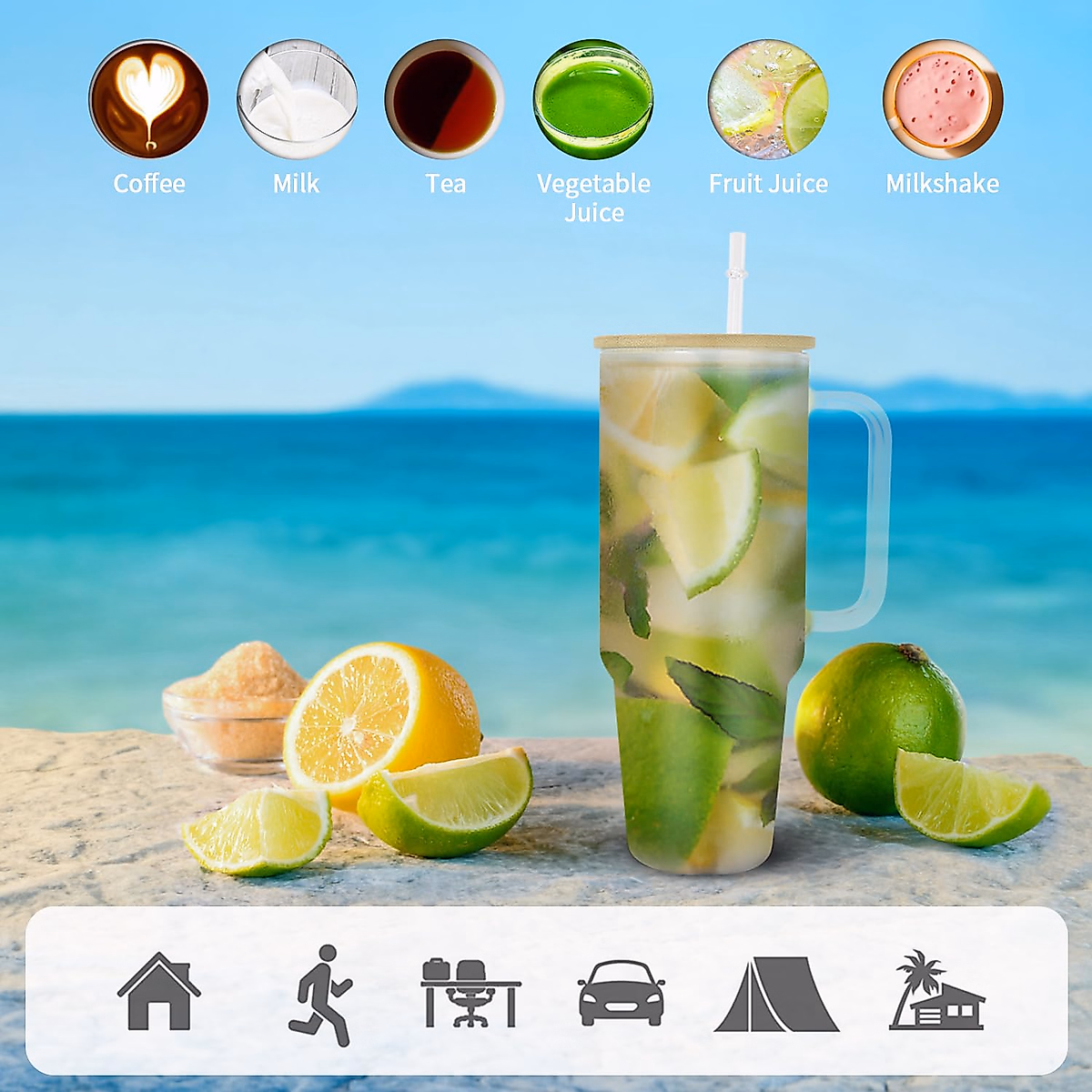 FECBK 40 oz Glass Tumbler with Handle 2 Pack Sublimation Glass Cups Blanks with Bamboo Lid and Straw Reusable Iced Coffee Cup for Boba Tea, Juice, Fits Cup Holder, BPA Free, Wide Mouth, Clear