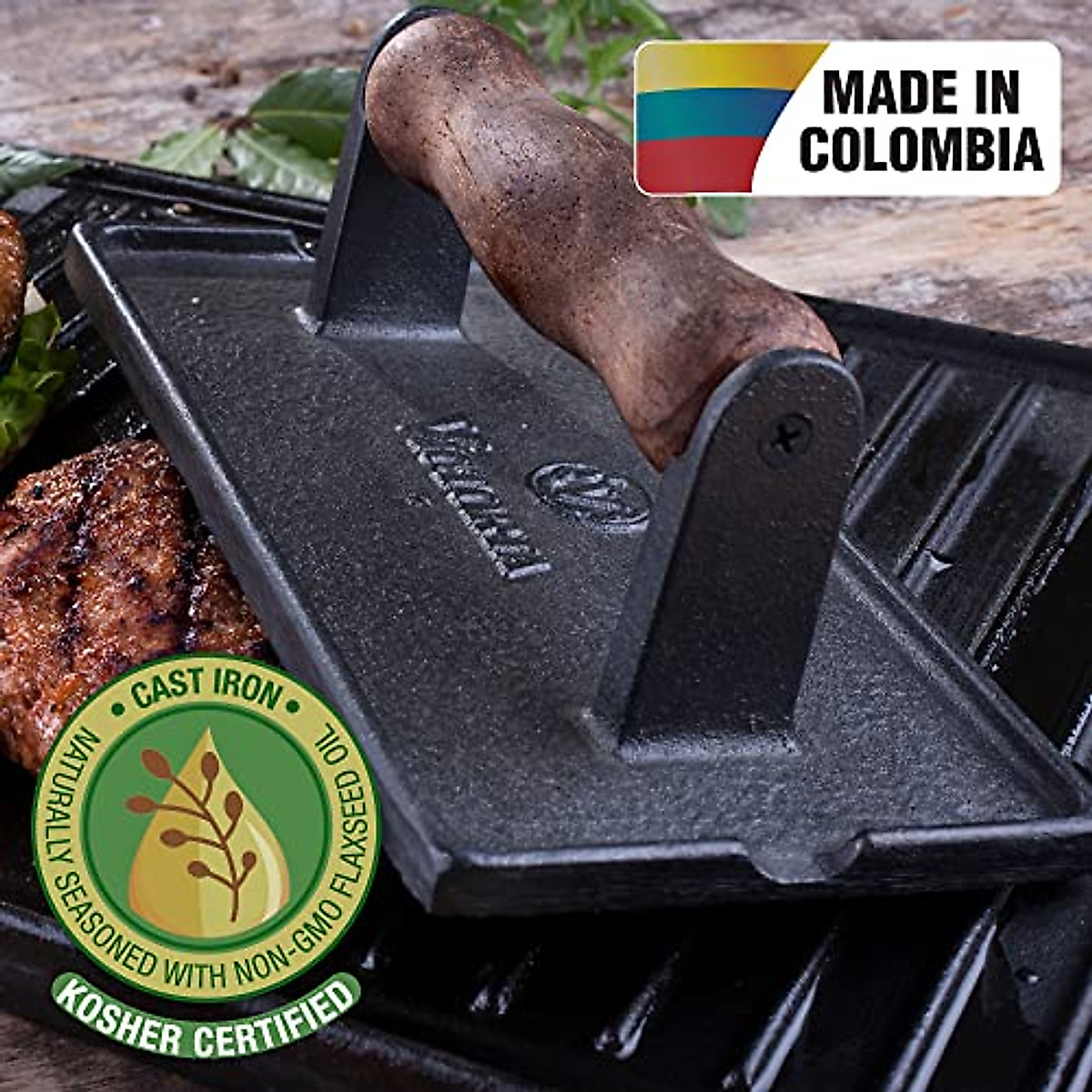 Victoria Rectangular Cast-Iron Meat Press with a Wooden Handle, Preseasoned with Flaxseed Oil, Made in Colombia