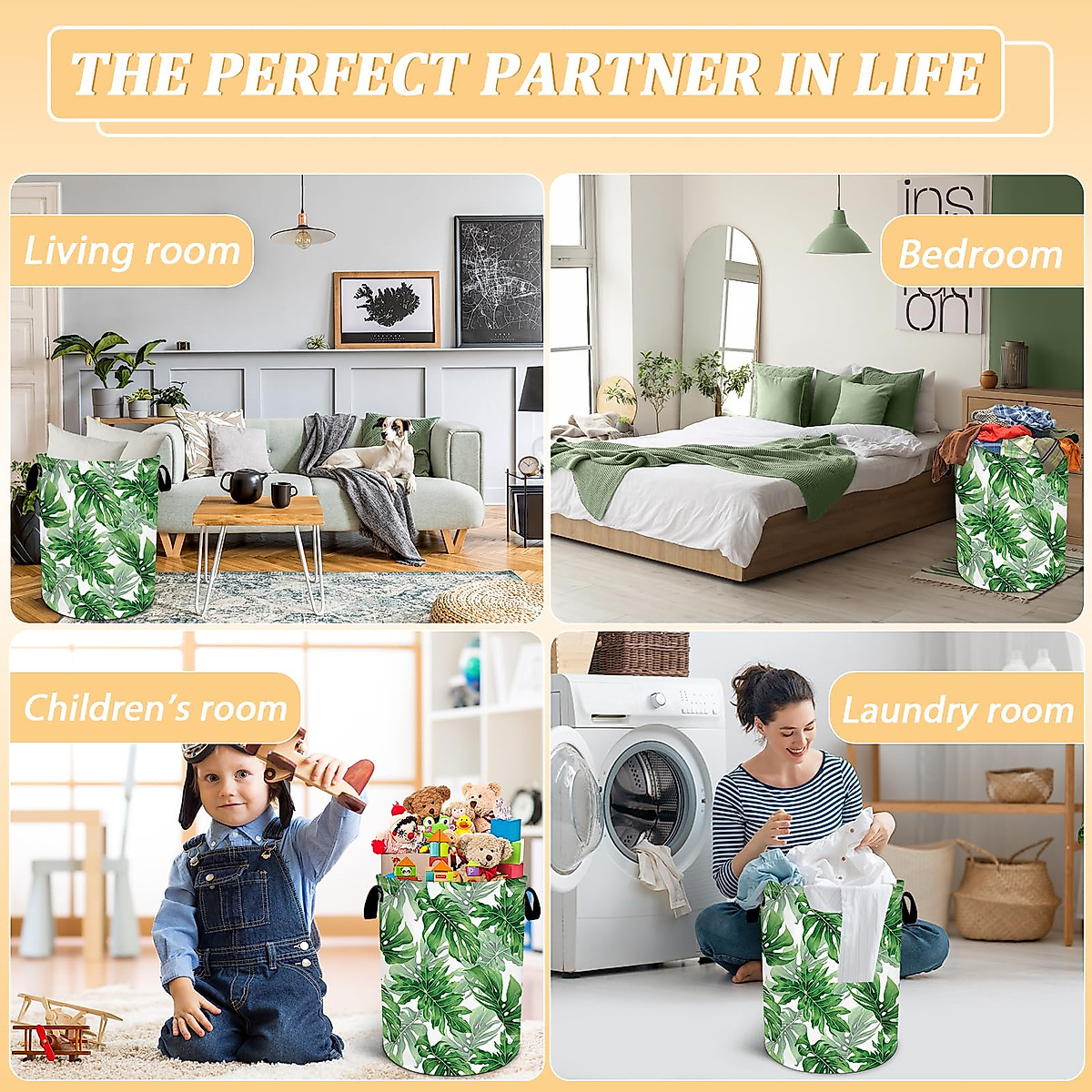 Palm Leaves Laundry Basket, Foldable Waterproof Oxford Cloth Floral Laundry Hamper Funny Tote Bag Dirty Clothes Storage Bucket Toy Organizer for Bathroom/Laundry/Bedroom 15.7"x19.6"