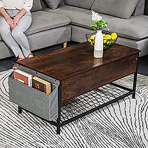 ErgoDesign Lift Top Coffee Table, 39.5" L Coffee Table with Storage Bag, Rising Tabletop Table with Hidden Compartment for Living Room Reception Room (Rustic Brown)