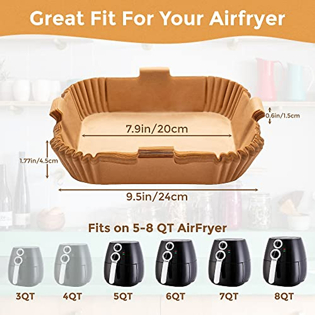 AEROSS Square Air Fryer Paper Liners Disposable, 120Pcs, 7.9Inch - Parchment Paper for Air Fryer– Unbleached, Oil-Resistant, Leak-Proof Liners– Perfect Liners for Microwave & Oven– BONUS Silicon Brush