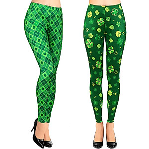 2 Pairs St. Patrick's Day Women Shamrock Leggings Irish Ankle Elastic Tights Legging High Waist Womens Leggings Trendy Design Workout Leggings for Girls Yoga Workout, 2 Styles Green