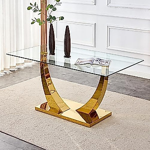 Wlvos 62.8" Rectangular Glass Dining Table for 4-6 with 0.39" Tempered Glass and Golden Chrome Metal Special-Shaped Bracket, for Kitchen Dining Living Meeting Room Banquet Hall (Golden)