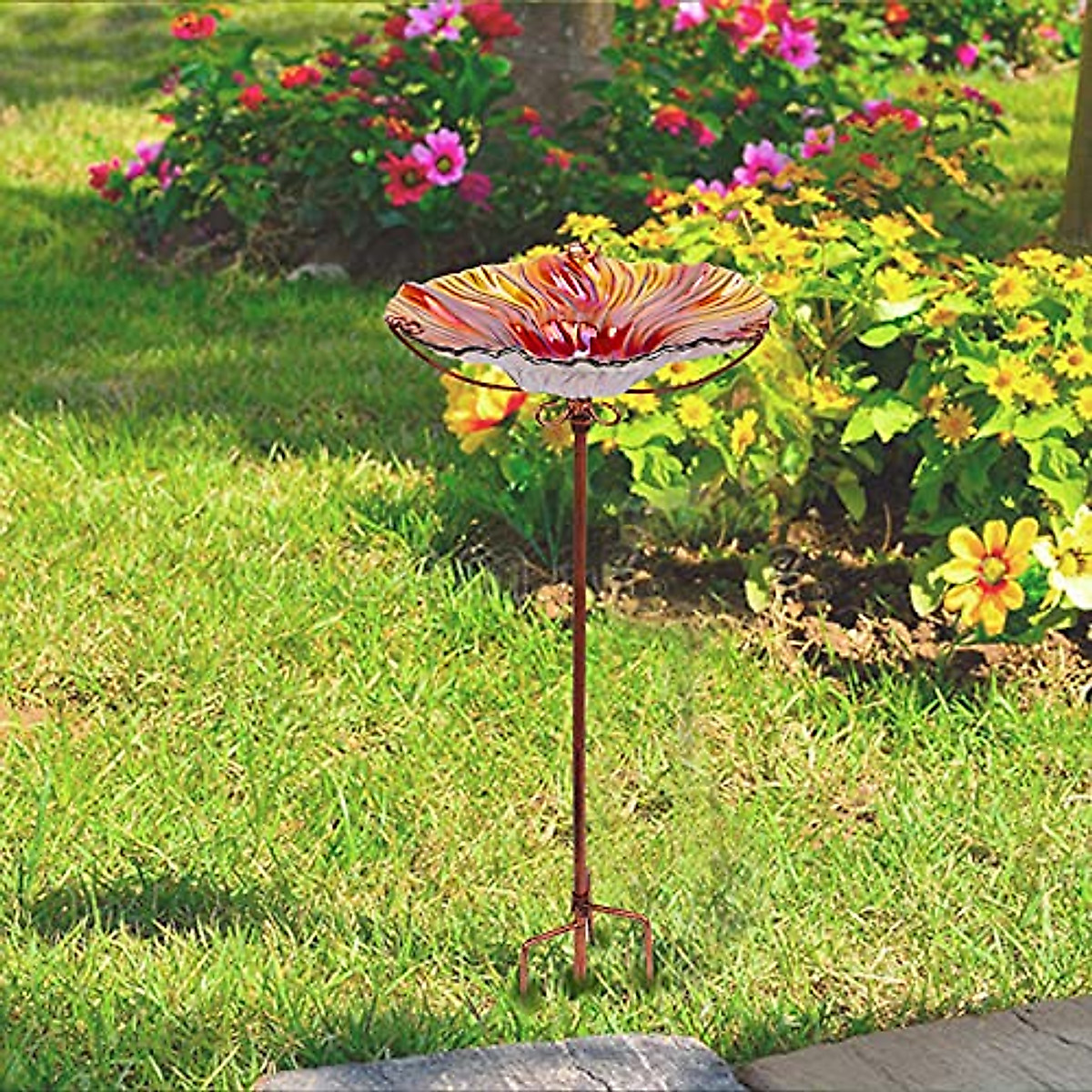 MUMTOP 26 Inch Height Glass Birdbath Birdfeeder with Metal Stake Garden Outdoor Red