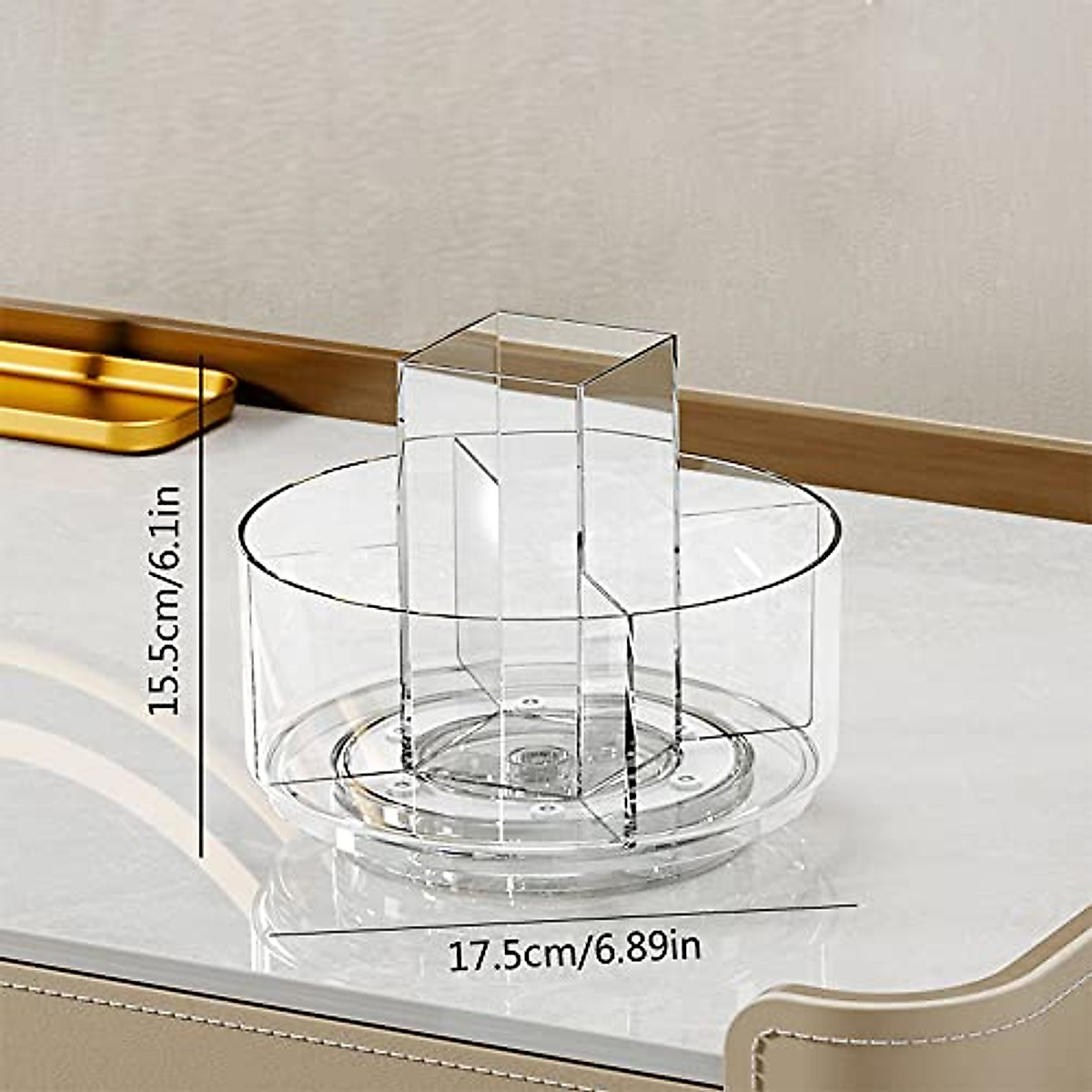 LINFIDITE 360 Rotating Makeup Organizer Spinning Cosmetic Display Cases with 5 Compartment Acrylic Clear Round Turntable Storage Tray Bathroom Counter Organizer Makeup Brush Lip Gloss Organizer Case