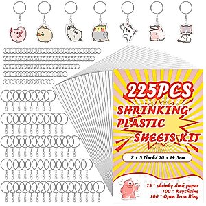 OFNMY 225PCS Shrinky Dinks Kits,Shrinky Dink Sheets,Shrink Plastic Sheets Kit with 25PCS Shrinky Dink Paper,100PCS Keychains and Open Iron Ring for Kids Creative Craft Marking, Handprint Keychains