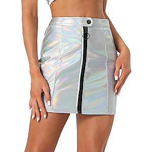 Allegra K Women's Halloween Costume Metallic Mini Skirt Shiny Holographic High Waist Zipper Short Skirts X-Large Silver