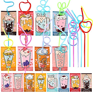 AOJOYS Valentines Day Cards for Kids 32 Pack - 32 Colorful Valentine Gift Cards + 32 Lovely Loops Reusable Drinking Straws for Classroom Exchange Prizes, Valentine Party Favors