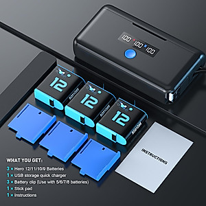 TOMSHEIR 2000mAh (3-Pack) Batteries for GoPro Hero 9/10/11/12 and 3-Channel Storage Charger Fully Compatible with Gopro Hero 5/6/7/8 9/10/11/12 Official Battery