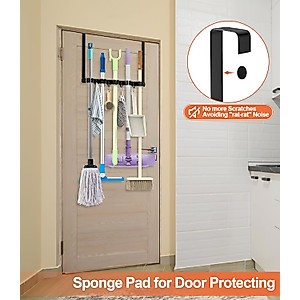 Broom Holder Over The Door Drilling Free Mop and Broom Holder with 4 Over Door Hook, Metal Mop and Broom Holder Wall Mount Broom Storage Tool Organizer for Laundry Room Garage Kitchen Bathroom