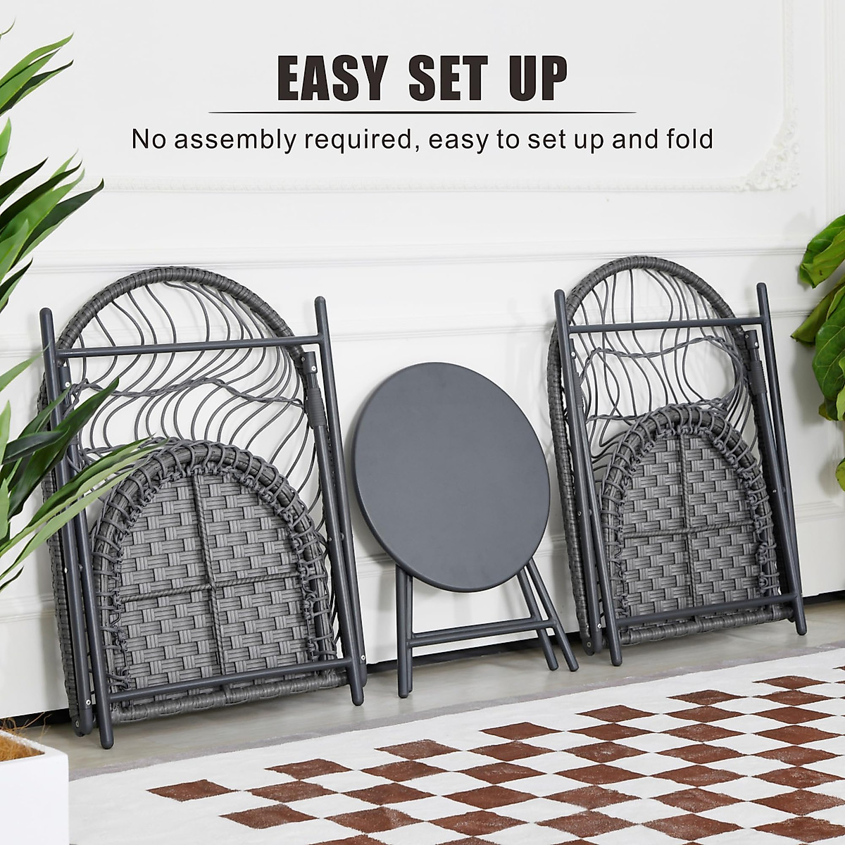 HWB Foldable 3-Piece Patio Bistro Set with Folding Rattan Chairs and Round Table - Small Outdoor Furniture for Balcony, Garden, Backyard, Restaurant, Cafe Bar (Grey)