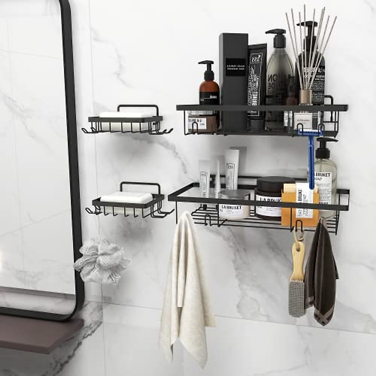 SIMCAS Shower Caddy, 4-Pack Shower Shelves, Bathroom Shower Organizer with hooks, Traceless Adhesive or Drilling Shower shelf for inside shower, Rustproof Shower Rack & Kitchen Spice Rack Food Storage