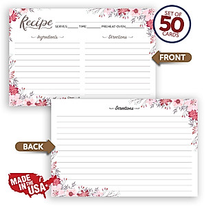 Nuah Prints Double Sided Recipe Cards 4x6 Inch, Set of 50 Thick Cardstock Recipe Cards with Lines, Easy To Write On Smooth Surface, Line Printed, Large Writing Space (Flower Design)