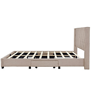 HABUHOME Queen Bed Frame with Storage Upholstered Platform Bed Frame with 3 Drawers and Headboard Modern Linen Queen Size Beds with Wooden Slats Support, No Box Spring Box Needed, Beige