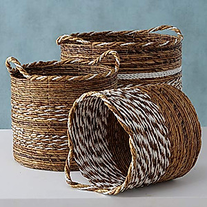 Rustic Stripes Wicker Baskets. 4 Piece Set, Washed and Rolled Banana Leaf, White Twine, Loop Carry Handles, Bucket Bottoms, 18, 15.75, 14.25, 12.5 Inches Diamet